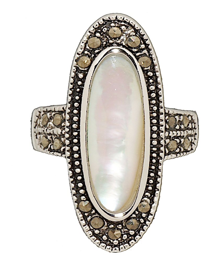 Glamour Rings Genuine Mother of Pearl and Marcasite Statement Ring in Rhodium Size 9