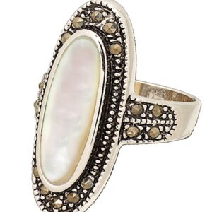 Glamour Rings Genuine Mother of Pearl and Marcasite Statement Ring in Rhodium Size 9