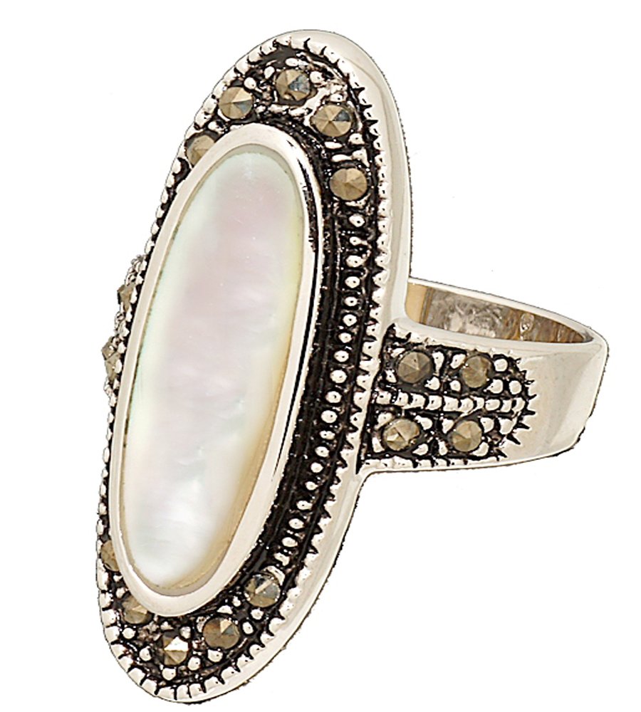 Glamour Rings Genuine Mother of Pearl and Marcasite Statement Ring in Rhodium Size 9