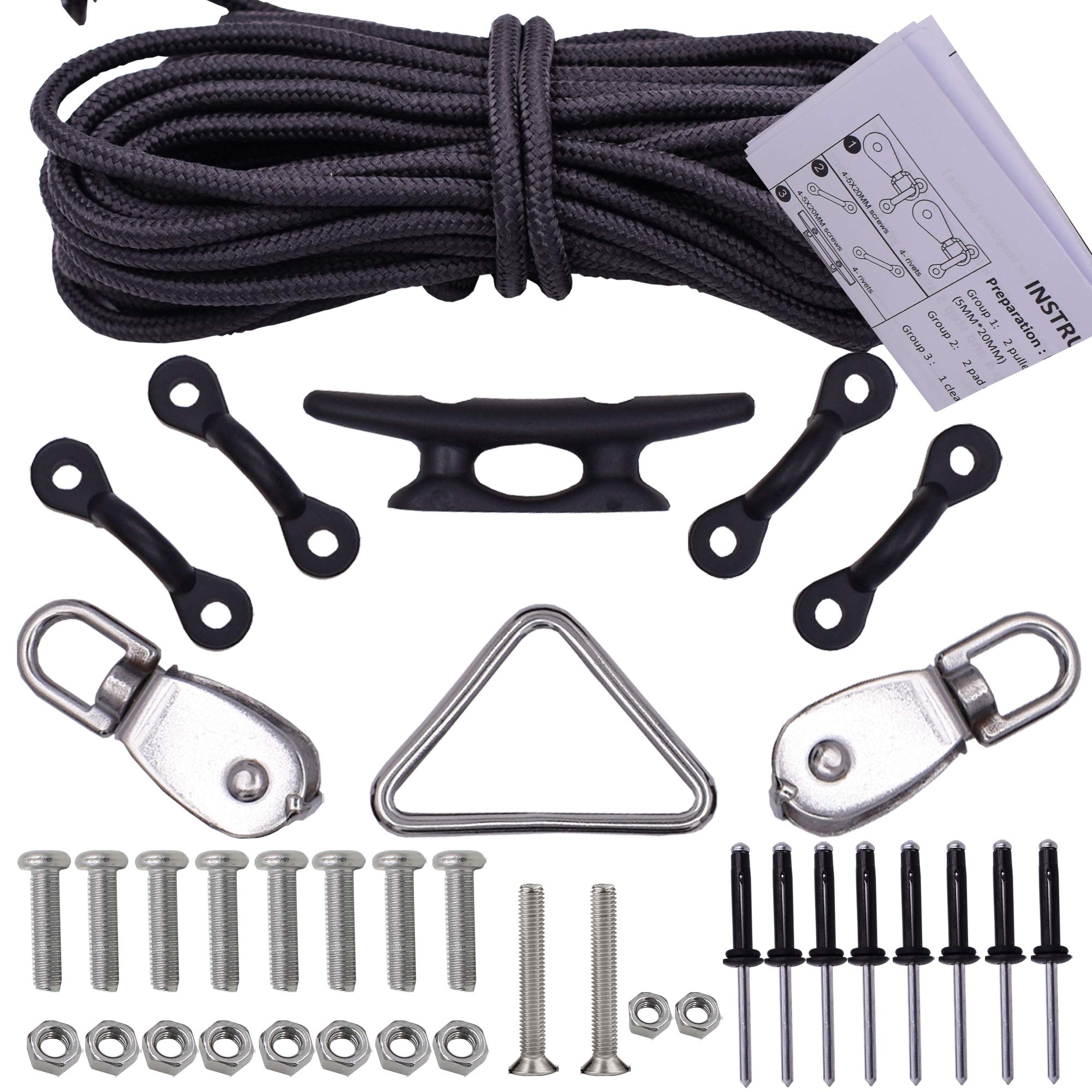 YYST Kayak Anchor Trolley Kit System w/Pulleys Pad Eye Cleats Ring 30 Feet of Rope- Instruction Included