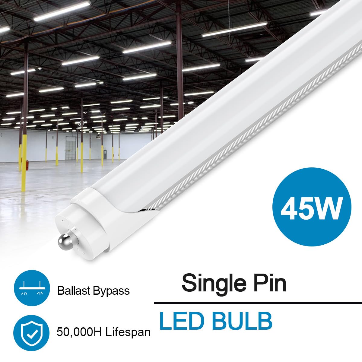 CNSUNWAY 8FT LED Bulbs, 45W 5400LM 5000K, Super Bright, T8 T10 T12 LED Tube Lights, FA8 Single Pin LED Lights, Frosted Cover, Ballast Bypass, Fluorescent Light Bulbs Replacement (Pack of 4)