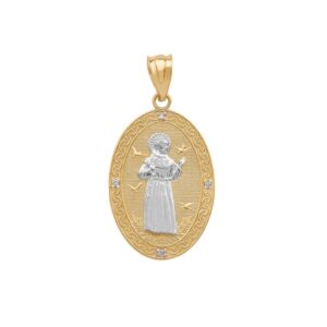 10k two-tone gold saint francis of assisi diamond oval medal charm pendant (small)