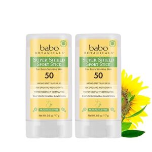 babo botanicals super shield spf 50 stick sunscreen - 70% organic ingredients - natural zinc oxide - for all ages - nsf & made safe certified - ewg verified - water resistant - fragrance-free - 2-pack