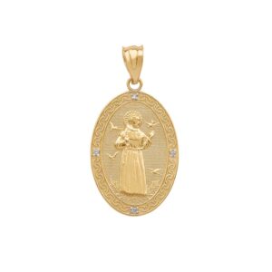 10k gold saint francis of assisi diamond oval medal charm pendant (small)