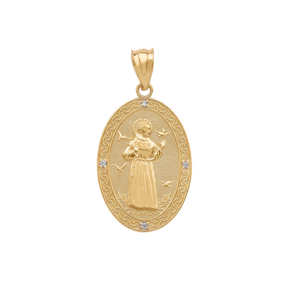 10k Gold Saint Francis Of Assisi Diamond Oval Medal Charm Pendant (Small)