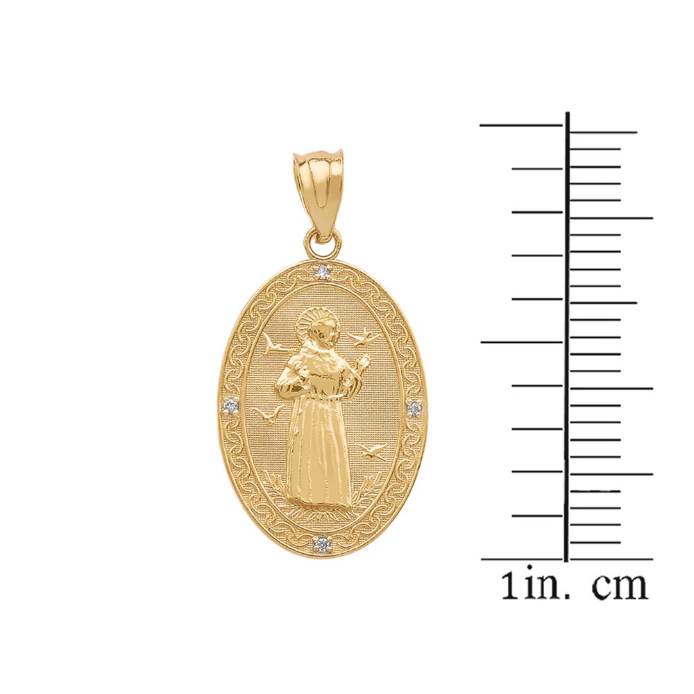 10k Gold Saint Francis Of Assisi Diamond Oval Medal Charm Pendant (Small)