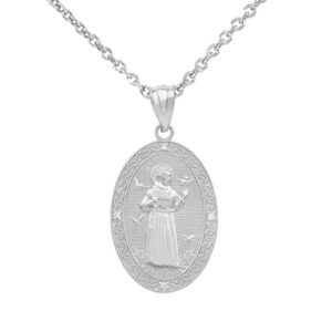 sterling silver saint francis of assisi cz oval medal charm necklace (small), 18"