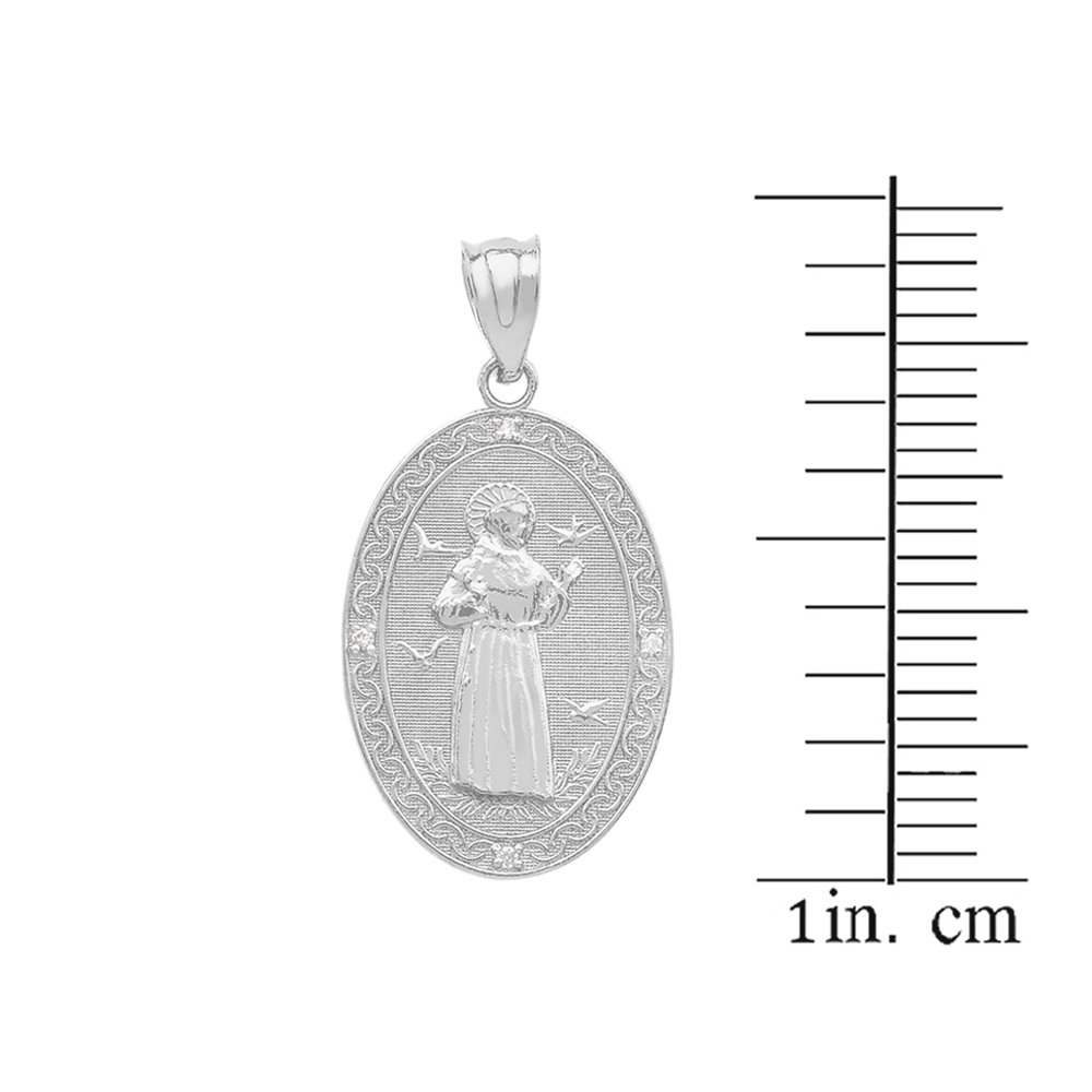 Sterling Silver Saint Francis Of Assisi CZ Oval Medal Charm Necklace (Small), 18"