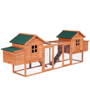 pawhut dual wooden chicken coop with garden bed, large outdoor hen house with nesting boxes removable trays, ramps run, for garden backyard, 123" x 27.5" x 42.5", natural wood