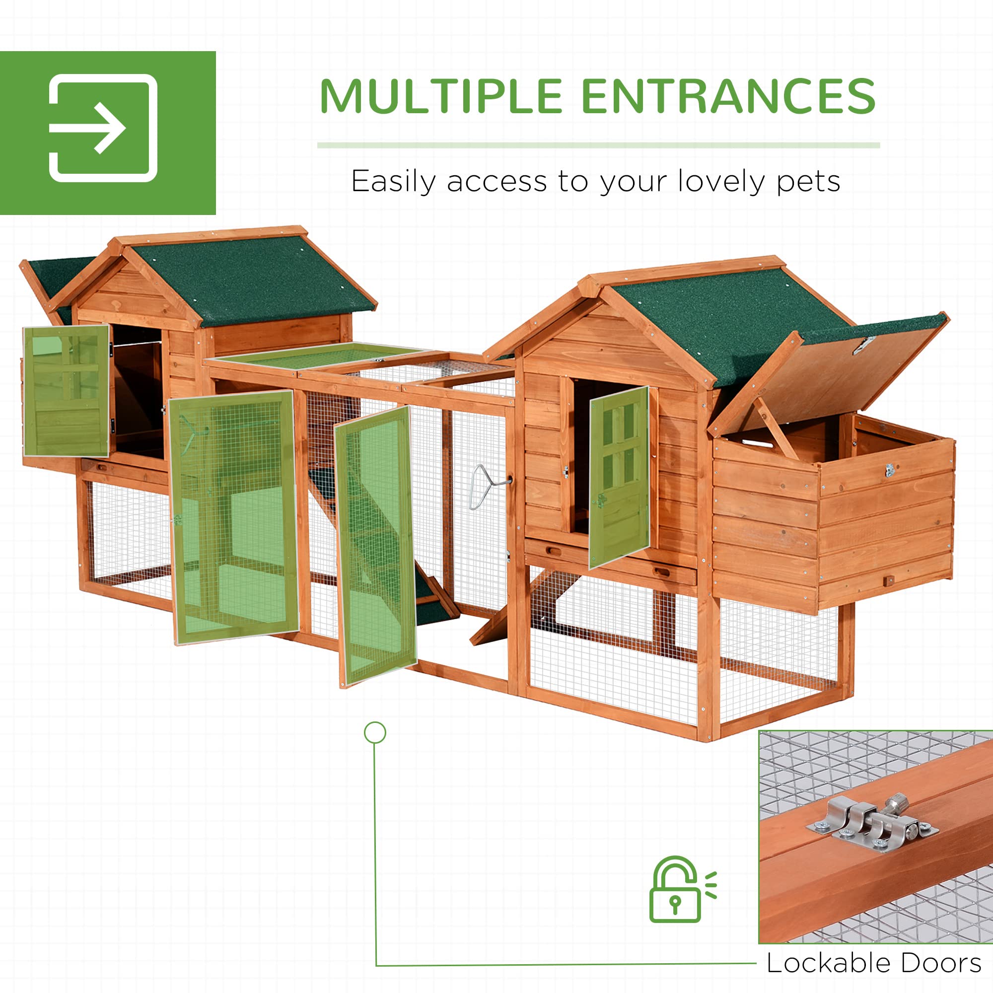 PawHut Dual Wooden Chicken Coop with Garden Bed, Large Outdoor Hen House with Nesting Boxes Removable Trays, Ramps Run, for Garden Backyard, 123" x 27.5" x 42.5", Natural Wood