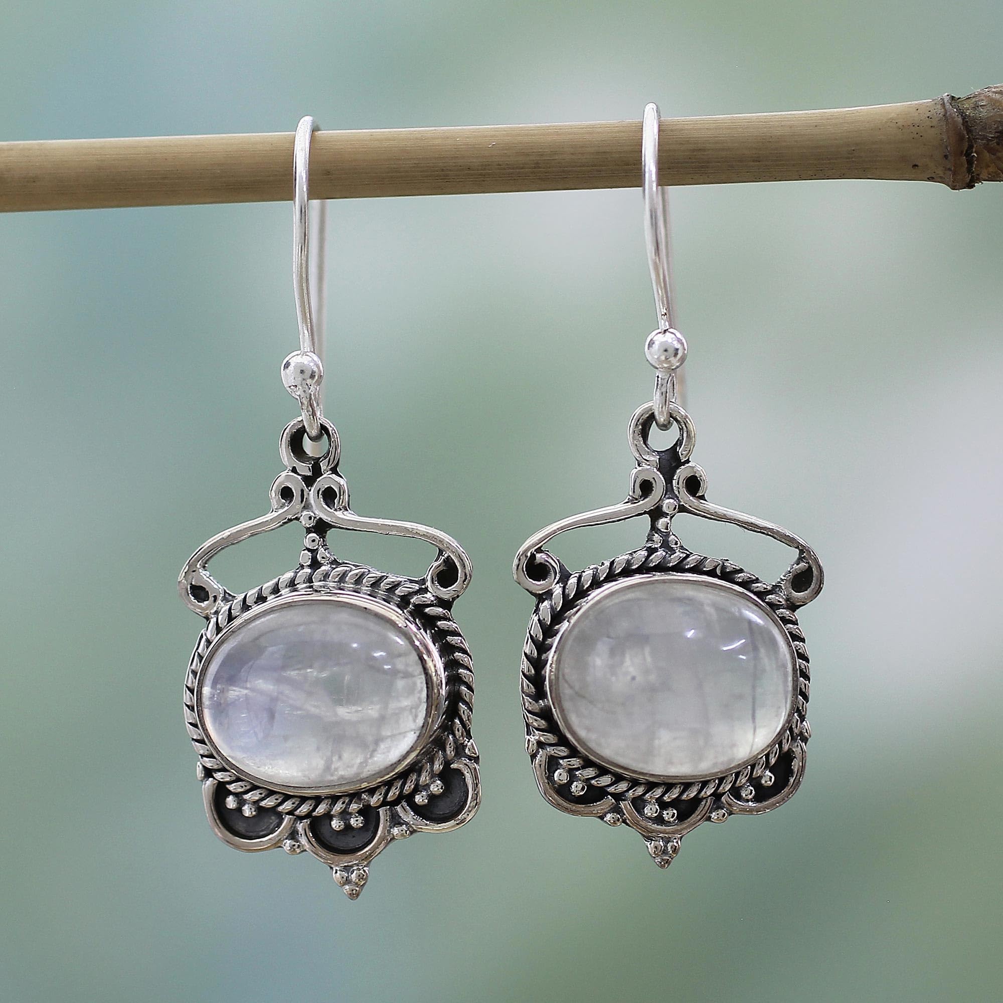 NOVICA Artisan Handmade Rainbow Moonstone Dangle Earrings .925 Sterling Silver from India Clear 'Moonlit Decadence'