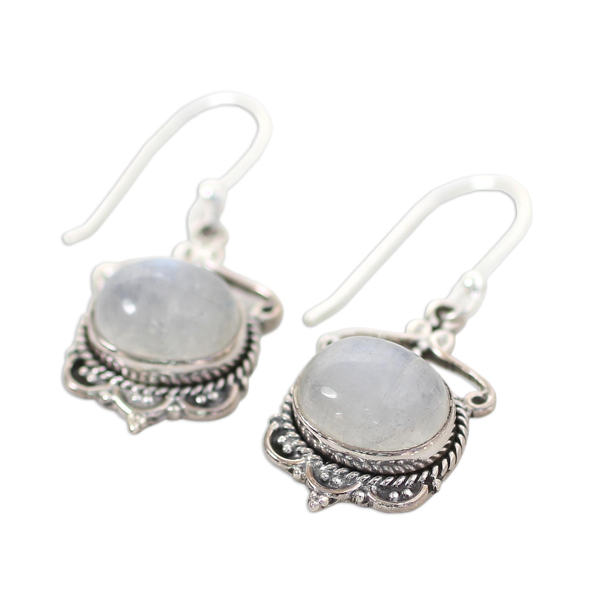 NOVICA Artisan Handmade Rainbow Moonstone Dangle Earrings .925 Sterling Silver from India Clear 'Moonlit Decadence'