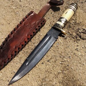 13" Damascus Steel Fixed Blade Bone Handle Handmade Hunting Knife