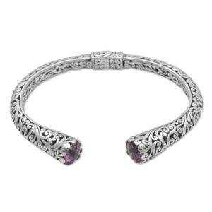 novica artisan amethyst cuff bracelet and 925 sterling silver spiral motif purple indonesia birthstone [6.25 in l (end to end) x 0.3 in w] ' spiral engagement'