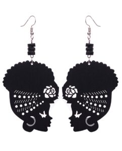 wooden flower turban african woman head and bead dangle hook earrings - black, black bead