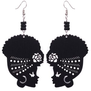 Wooden Flower Turban African Woman Head and Bead Dangle Hook Earrings - Black, Black Bead