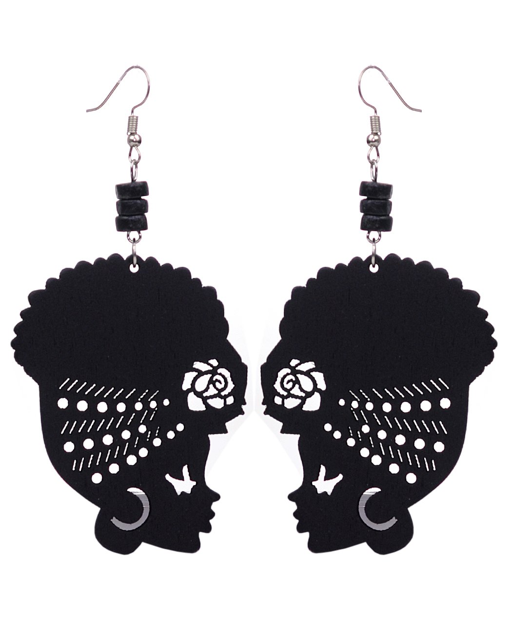 Wooden Flower Turban African Woman Head and Bead Dangle Hook Earrings - Black, Black Bead