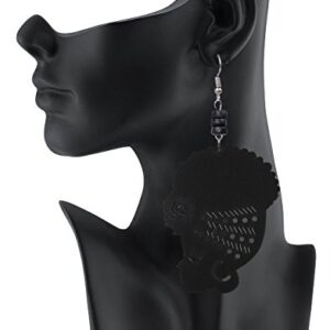 Wooden Flower Turban African Woman Head and Bead Dangle Hook Earrings - Black, Black Bead