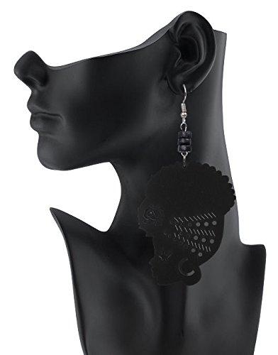 Wooden Flower Turban African Woman Head and Bead Dangle Hook Earrings - Black, Black Bead