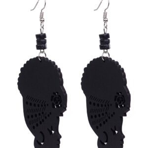 Wooden Flower Turban African Woman Head and Bead Dangle Hook Earrings - Black, Black Bead