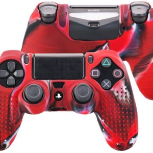 YoRHa Studded Silicone Cover Skin Case for Sony PS4/slim/Pro Dualshock 4 Controller x 1(Camouflage red) with Pro Thumb Grips x 8