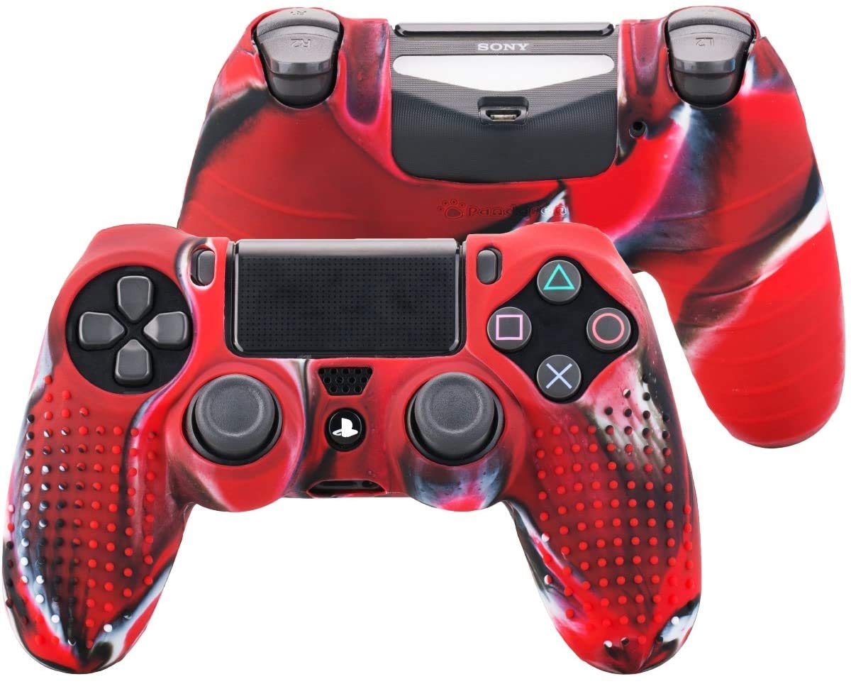 YoRHa Studded Silicone Cover Skin Case for Sony PS4/slim/Pro Dualshock 4 Controller x 1(Camouflage red) with Pro Thumb Grips x 8