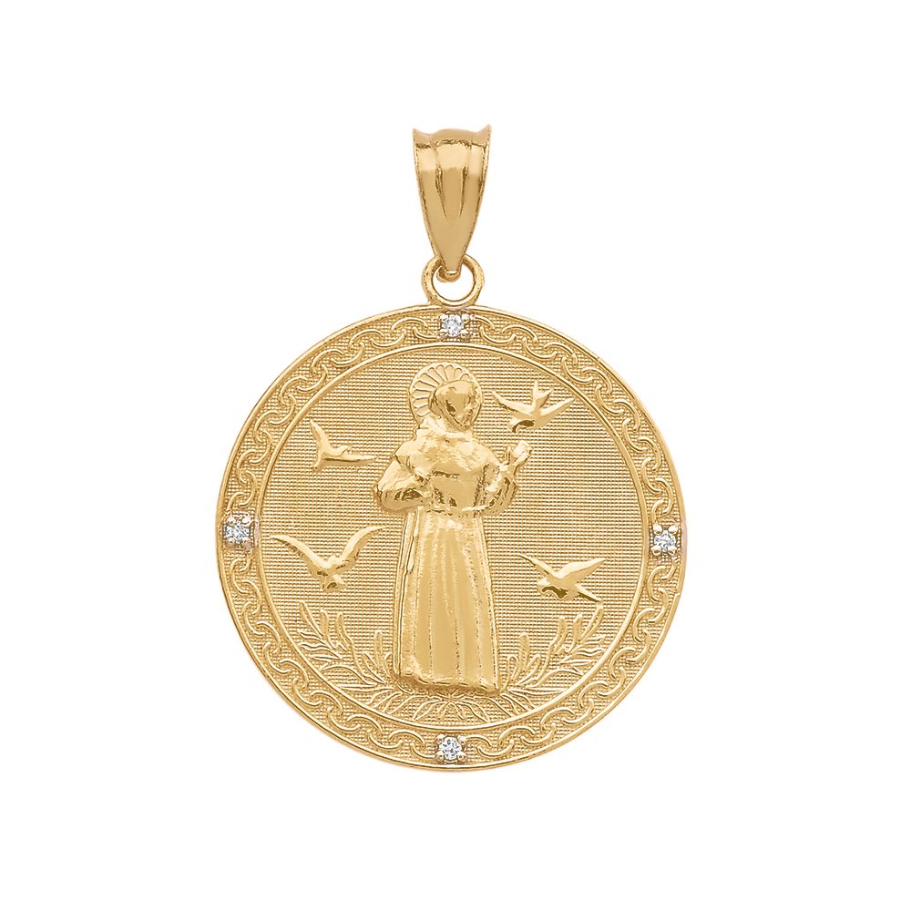 14k Gold Saint Francis Of Assisi Diamond Round Medal Charm Pendant (Medium)