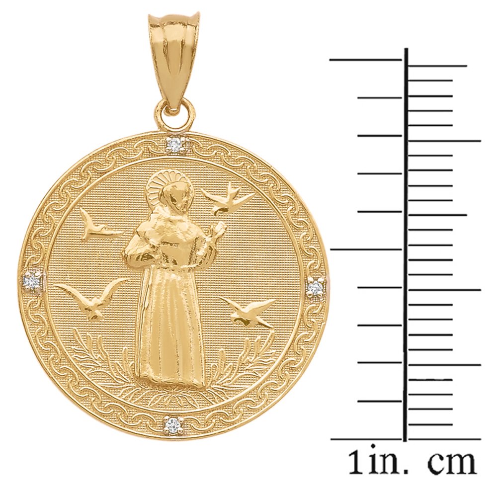 14k Gold Saint Francis Of Assisi Diamond Round Medal Charm Pendant (Medium)