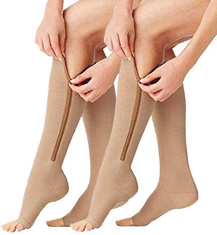 2 Pairs Compression Socks Toe Open Leg Support Stocking Knee High Socks with Zipper (Nude, L/XL) …