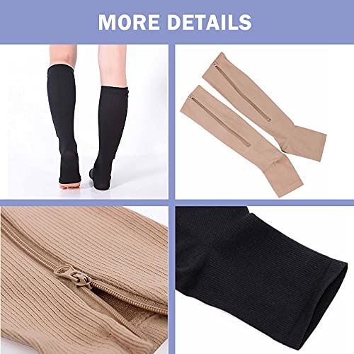 2 Pairs Compression Socks Toe Open Leg Support Stocking Knee High Socks with Zipper (Nude, L/XL) …