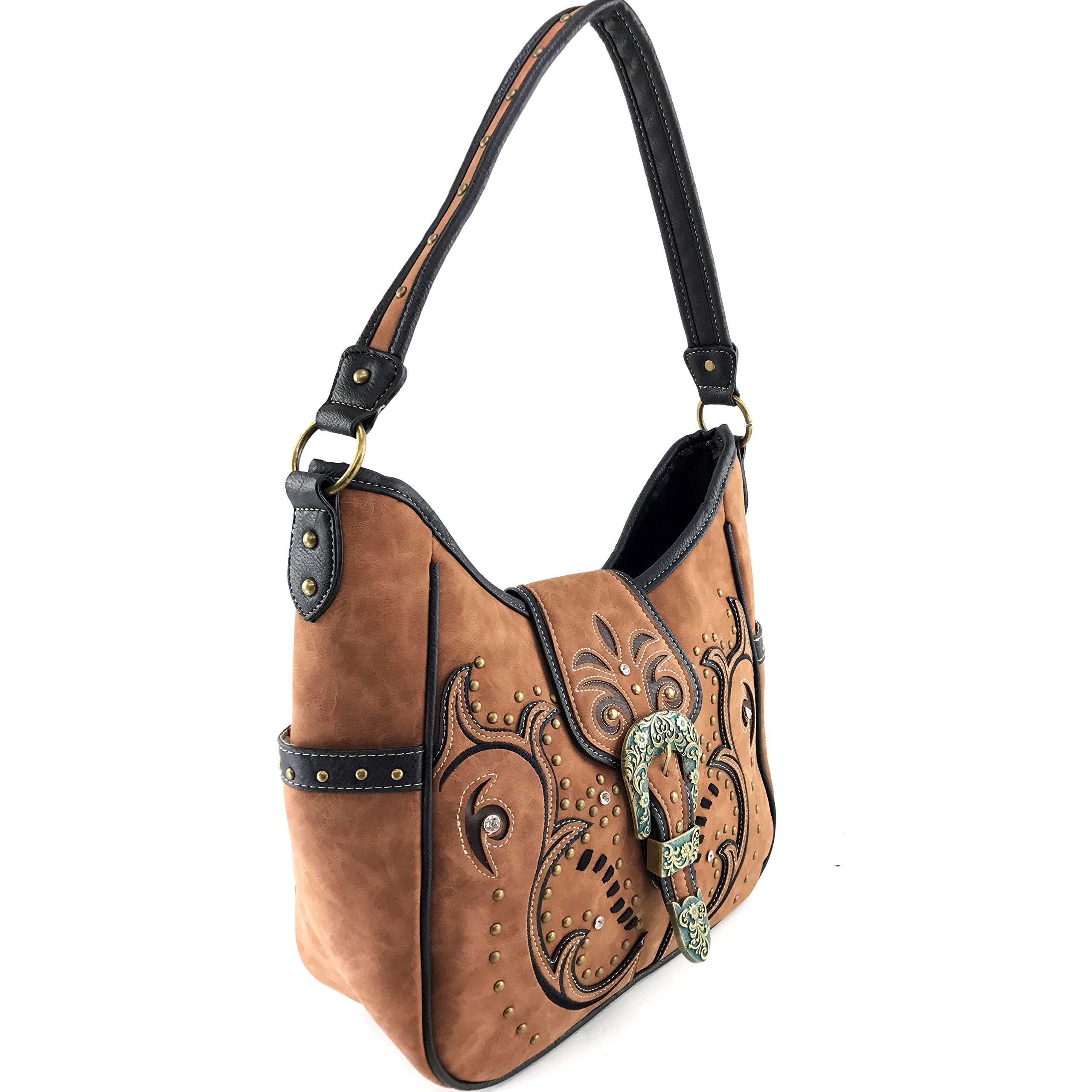 Justin West Patina Girl Western Bronze Floral Buckle Handbag Purse Tote and Strap Wallet (Brown Tote Only)