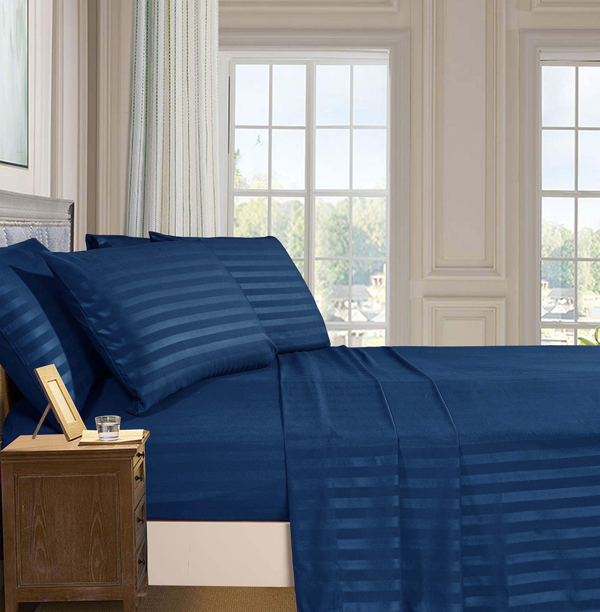 Elegant Comfort Best, Softest, Coziest 6-Piece Sheet Sets! - 1500 Premier Hotel Quality Luxurious Wrinkle Resistant 6-Piece DAMASK STRIPE Bed Sheet Set, Queen Navy Blue