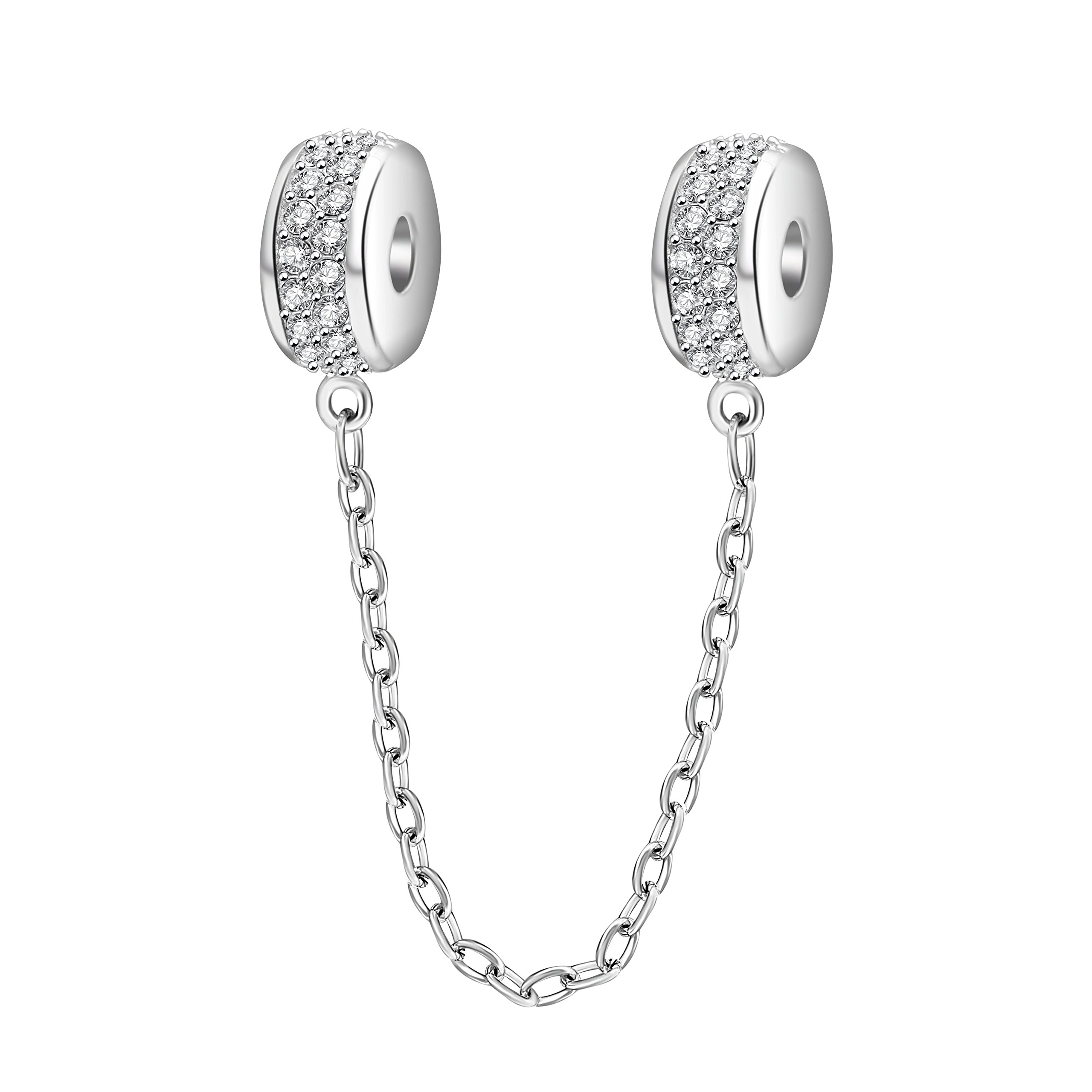 JORLLA Clips Safety Chain Charms 925 Sterling Silver Clasp Safety Chain Stopper Charms Bead for European Charms Bracelet (Clear Stone)