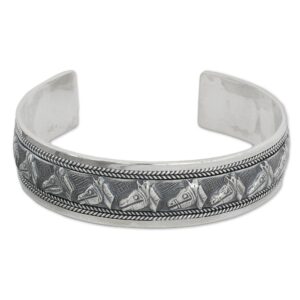 novica artisan handmade sterling silver cuff bracelet artisan crafted horse theme india [5.75 in l (end to end) x 0.6 in w] ' procession of horses'