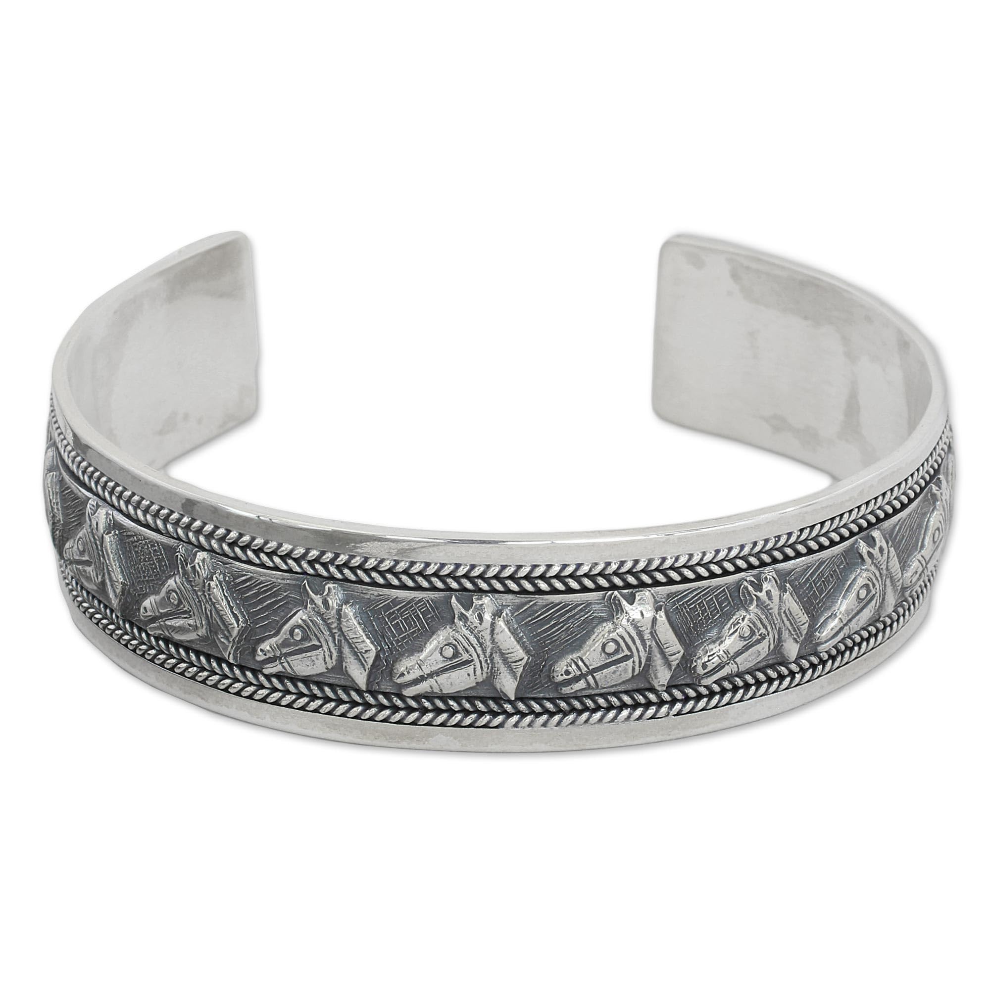 NOVICA Artisan Handmade Sterling Silver Cuff Bracelet Artisan Crafted Horse Theme India [5.75 in L (end to End) x 0.6 in W] ' Procession of Horses'