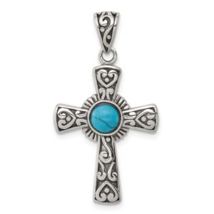 jewelryweb - 925 sterling silver oxidized simulated turquoise cross pendant - 20mm x 32mm - artisan cross necklace - handmade cross necklace - christian jewelry