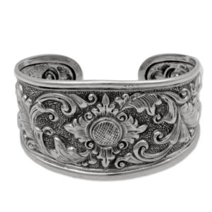 novica artisan sterling silver cuff bracelet repousse from indonesia no stone floral [6 in l (end to end) x 1.6 in w] ' courageous soul'