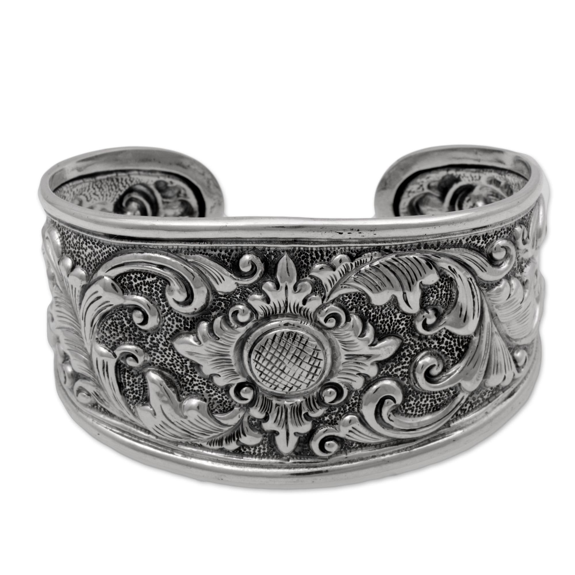 NOVICA Artisan Sterling Silver Cuff Bracelet Repousse from Indonesia No Stone Floral [6 in L (end to End) x 1.6 in W] ' Courageous Soul'