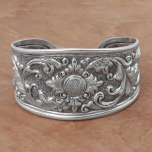 NOVICA Artisan Sterling Silver Cuff Bracelet Repousse from Indonesia No Stone Floral [6 in L (end to End) x 1.6 in W] ' Courageous Soul'