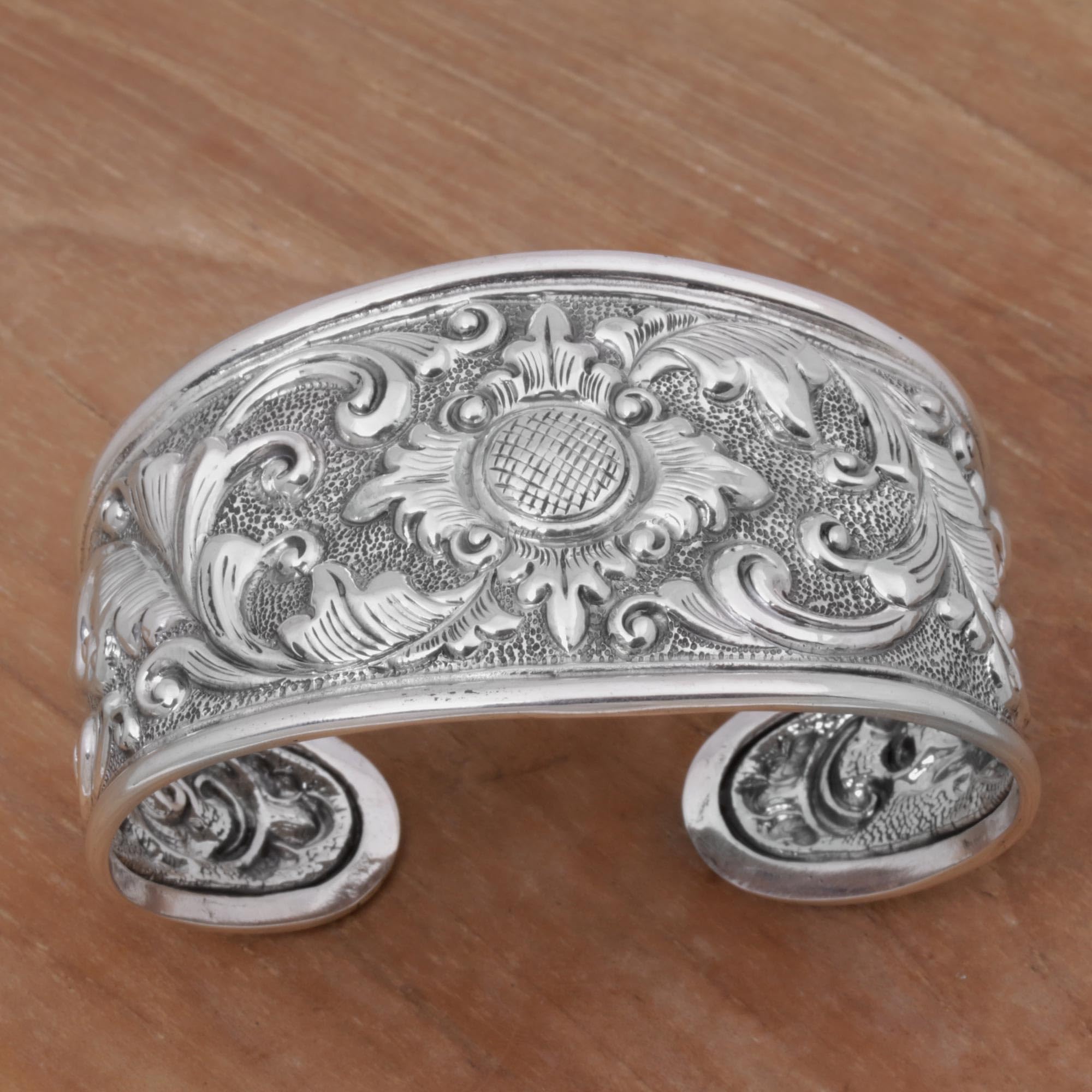 NOVICA Artisan Sterling Silver Cuff Bracelet Repousse from Indonesia No Stone Floral [6 in L (end to End) x 1.6 in W] ' Courageous Soul'