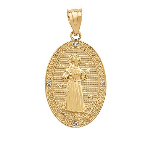 10k Gold Saint Francis Of Assisi Diamond Oval Medal Charm Pendant (Medium)