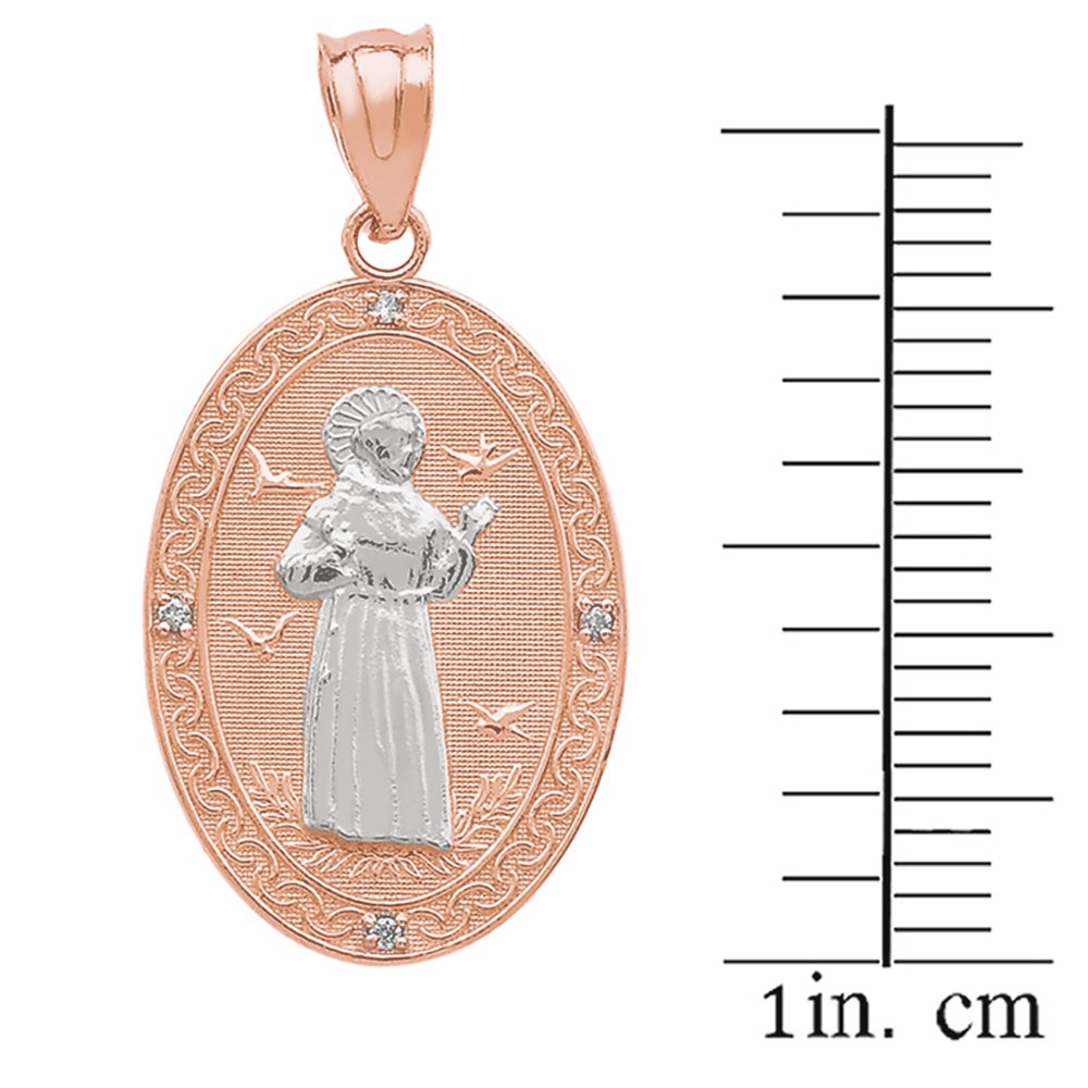 10k Two-Tone Rose Gold Saint Francis Of Assisi Diamond Oval Medal Charm Pendant (Medium)