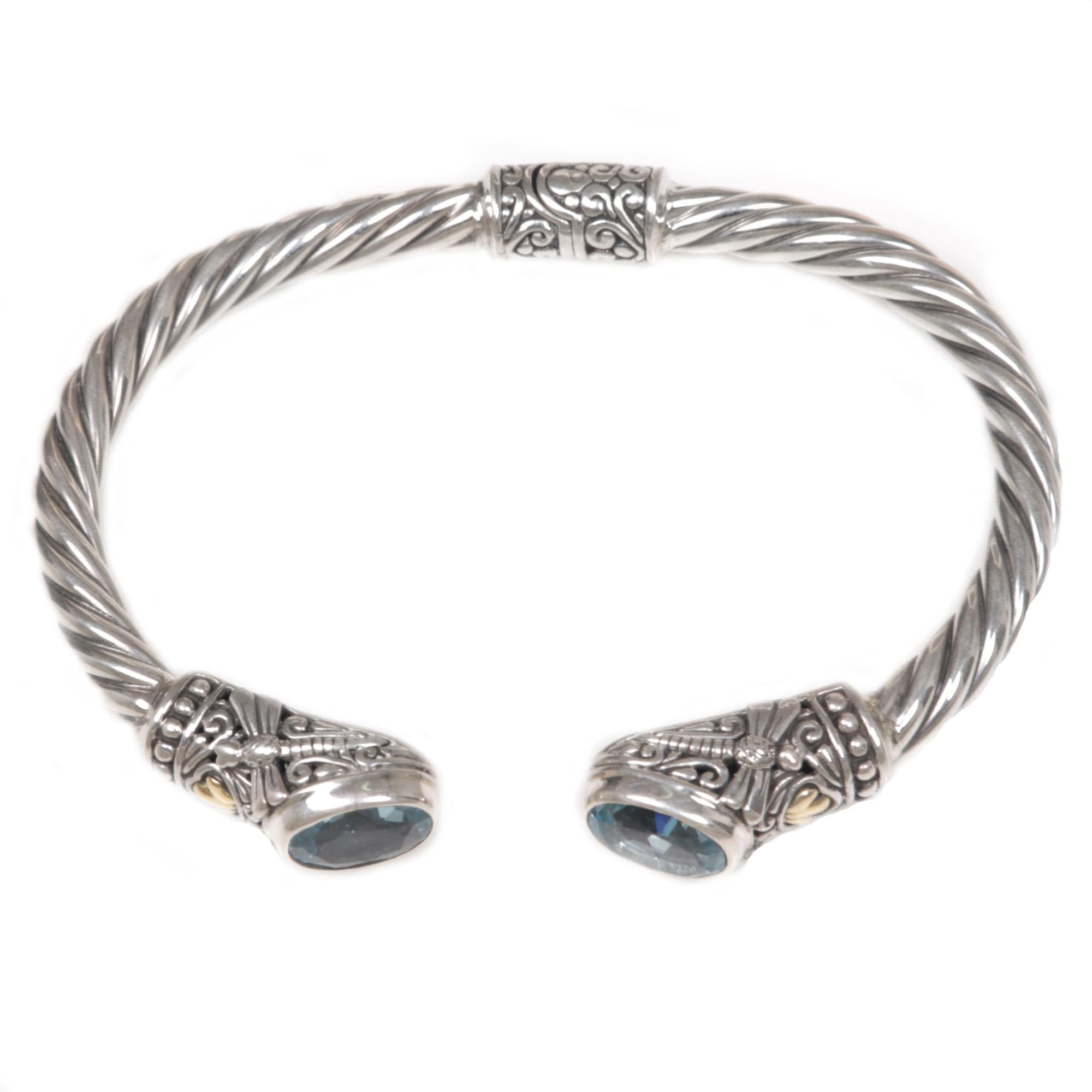 NOVICA Artisan Handmade Gold Accented Blue Topaz Cuff Bracelet from Indonesia [18 in L 2 mm W Pendant(s) 1.3 in L x 0.9 in W x 0.2 in D] ' Dragonfly Den in Blue'