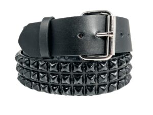 three row black pyramid stud belt made in usa genuine leather punk goth thrash metal (xxxl-42)