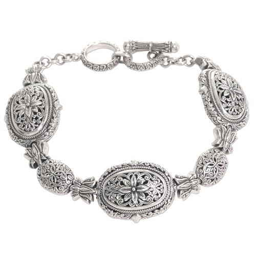 NOVICA Artisan Handmade Sterling Silver Link Bracelet with Floral Motif Indonesia [1.4 in L x 0.6 in W x 0.2 in D] ' Lotus Chain'