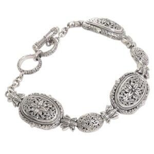 NOVICA Artisan Handmade Sterling Silver Link Bracelet with Floral Motif Indonesia [1.4 in L x 0.6 in W x 0.2 in D] ' Lotus Chain'