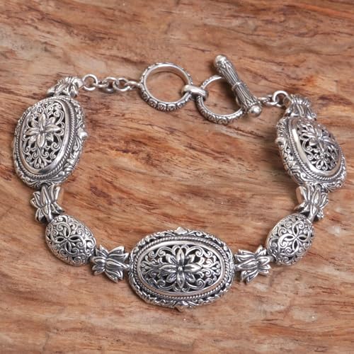 NOVICA Artisan Handmade Sterling Silver Link Bracelet with Floral Motif Indonesia [1.4 in L x 0.6 in W x 0.2 in D] ' Lotus Chain'