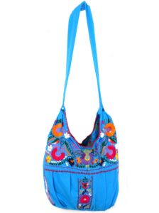 leos imports (tm) hand embroidered puebla mexican tote bag (aqua multi)