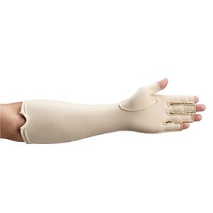 rolyan forearm length left compression glove, open finger compression sleeve to control edema and swelling, water retention, and vericose veins, covers fingers to forearm on left arm, medium