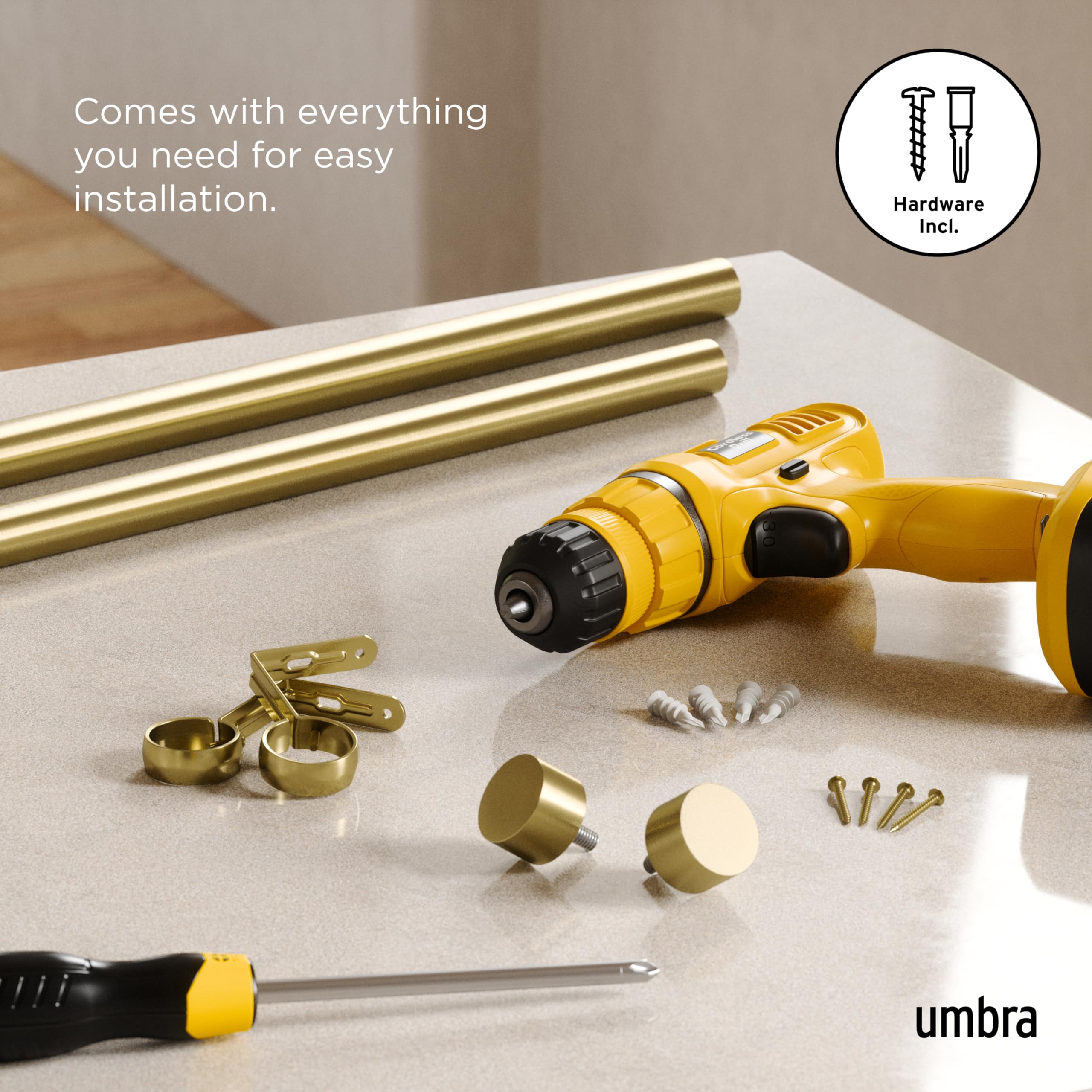 Umbra Cappa Curtain Rod, Includes 2 Matching Finials, Brackets & Hardware, 36 to 66-Inches, Gold